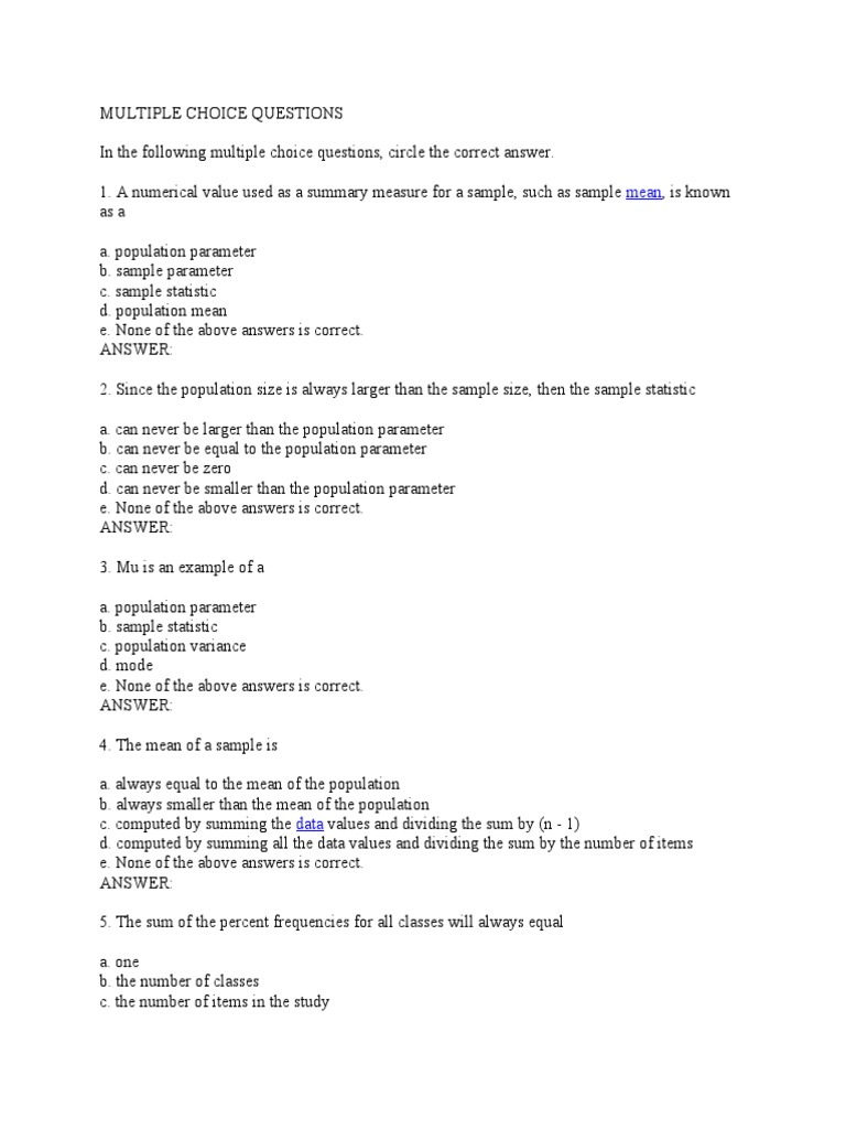 40 Multiple Choice Questions in Basic Statistics | PDF | Mean | Median