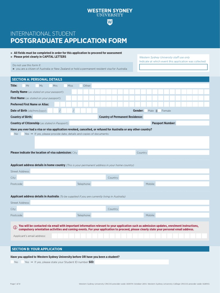 Postgraduate Application Form: International Student | PDF | International English Language ...