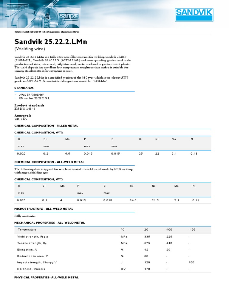 Sandvik 25.22.2.Lmn: (Welding Wire) | PDF | Welding | Construction