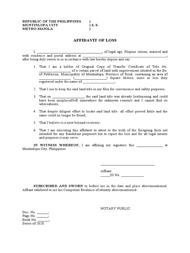 Affidavit of Loss for Land Title | PDF | Politics | Social Science