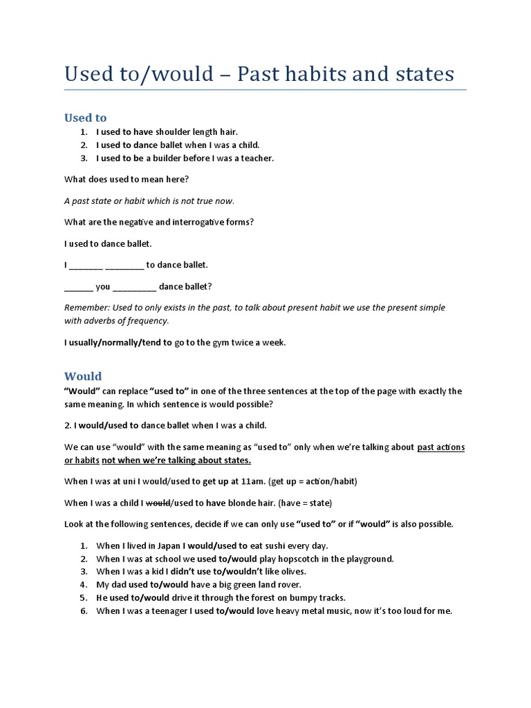 Past Habits: Used to vs. Would | PDF | Language Arts & Discipline