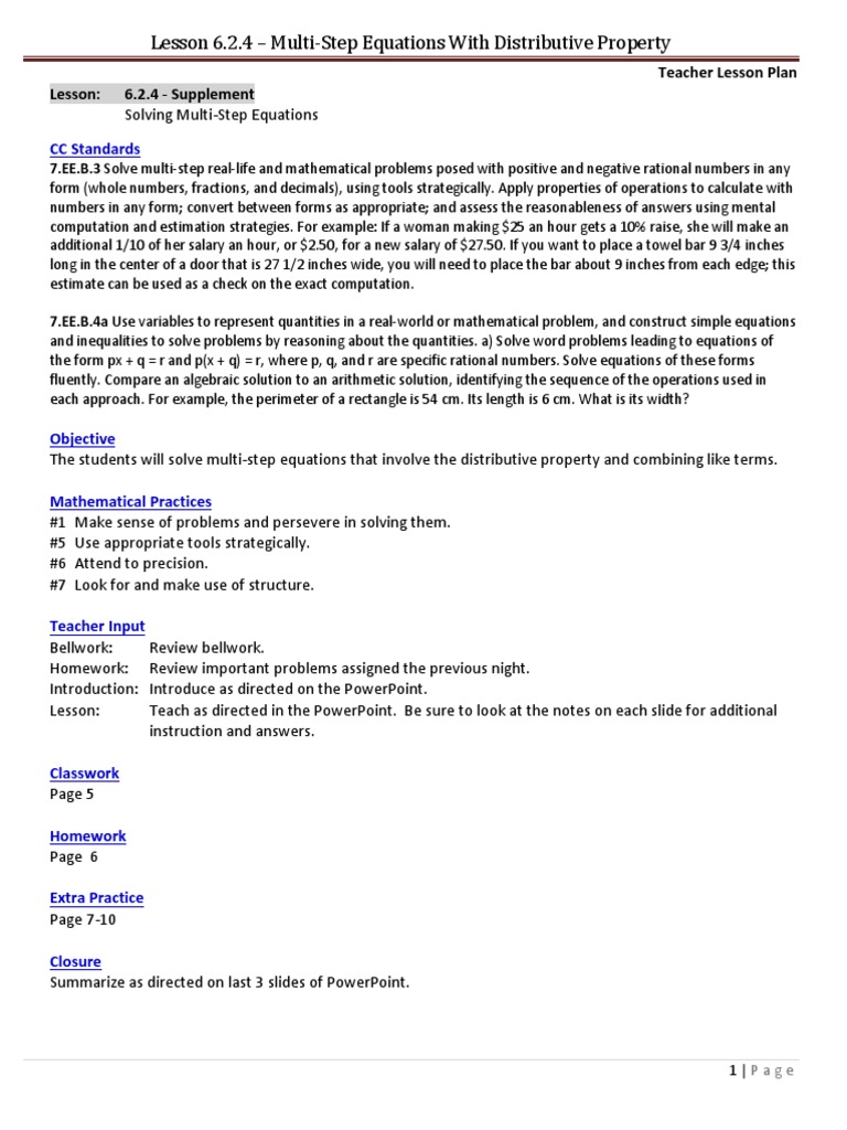 Multi-Step Equations with Distributive Property | PDF | Numbers | Teaching Mathematics