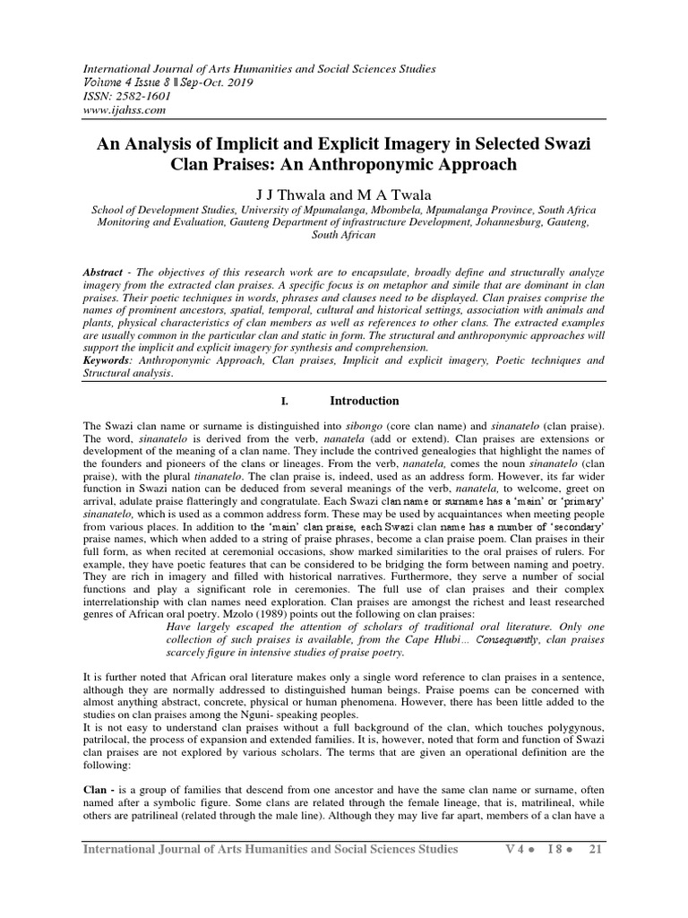 An Analysis of Implicit and Explicit Imagery in Selected Swazi Clan ...