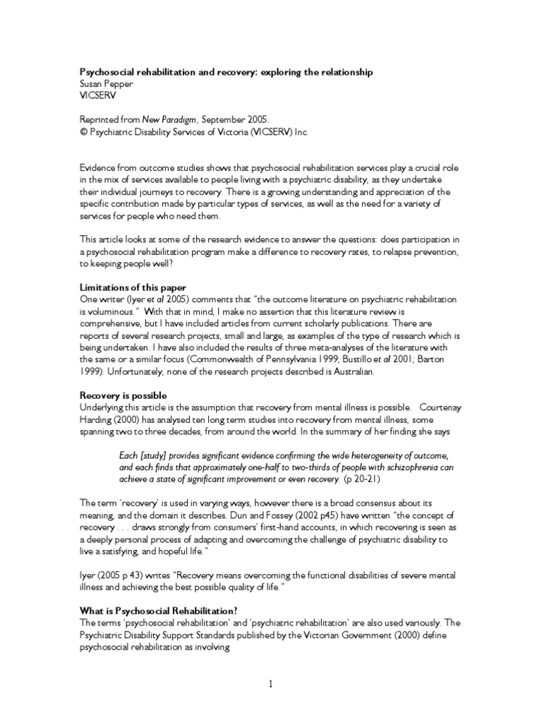 Psychosocial Rehabilitation and Recovery: Exploring The Relationship ...