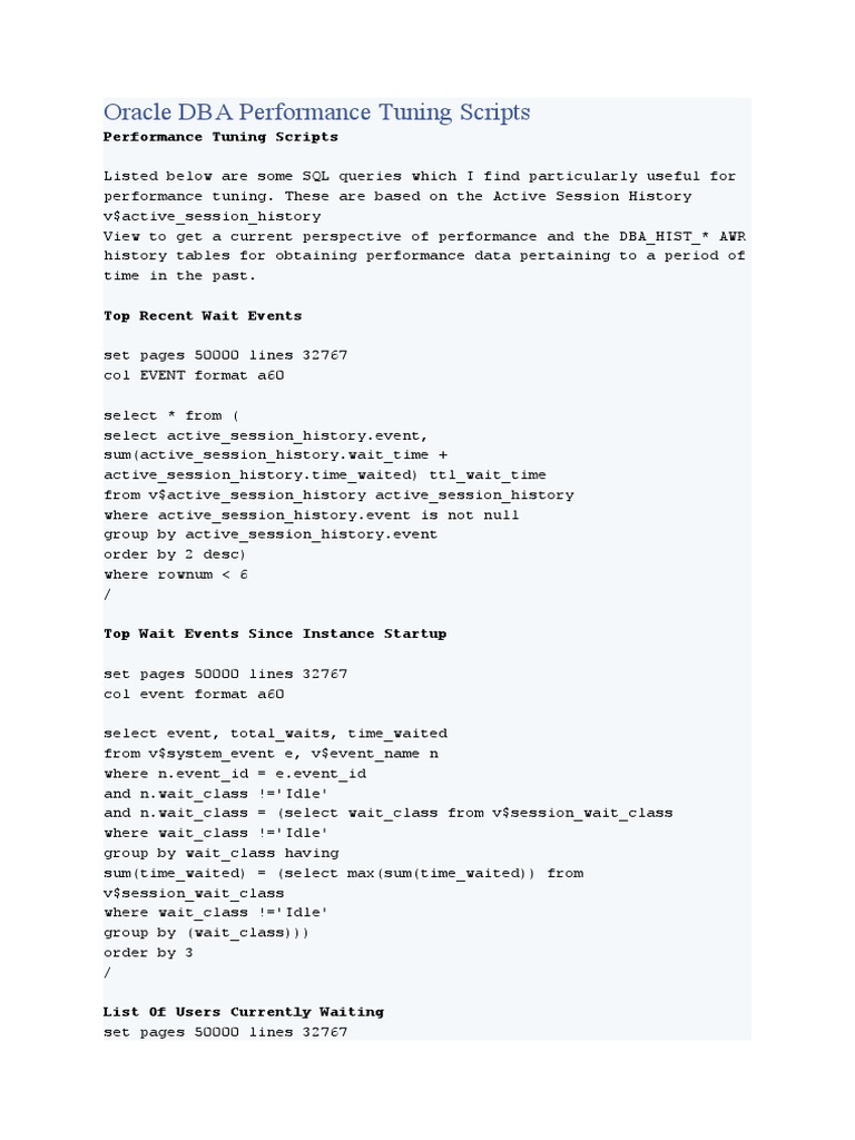 Oracle DBA Performance Tuning Scripts | PDF | Relational Database | Sql