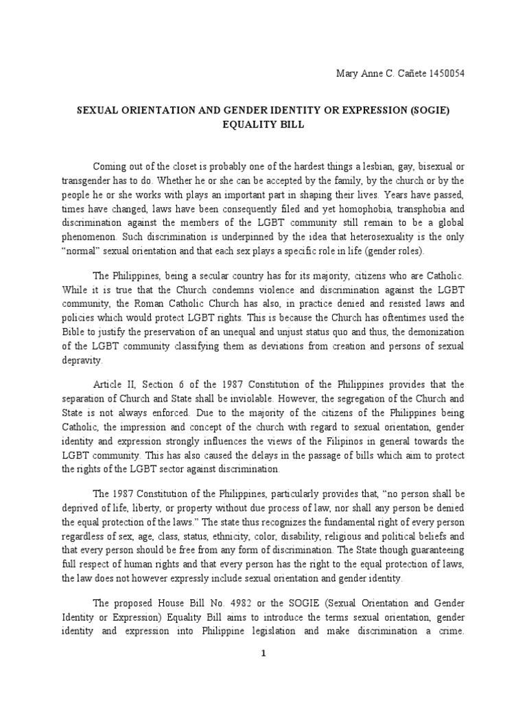 Canete SOGIE Bill Reaction Paper | PDF | Discrimination | Lgbt