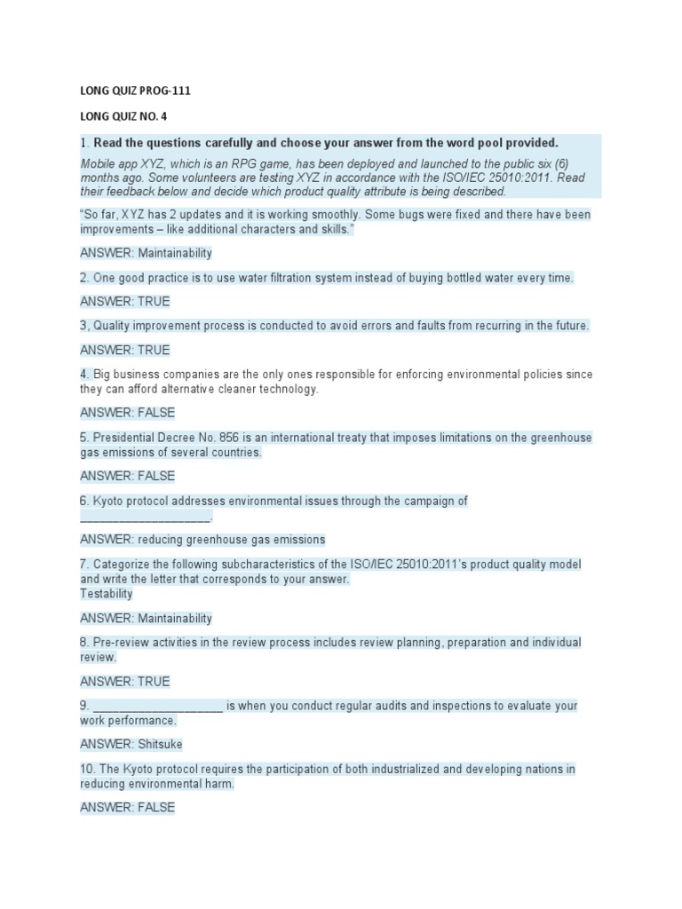 Long Quiz Prog-111 Long Quiz No. 4: Read The Questions Carefully and Choose Your Answer From The ...