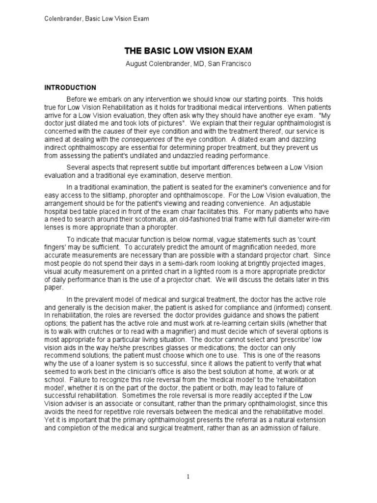 Colenbrander, Basic Low Vision Exam | PDF | Contrast (Vision) | Visual ...