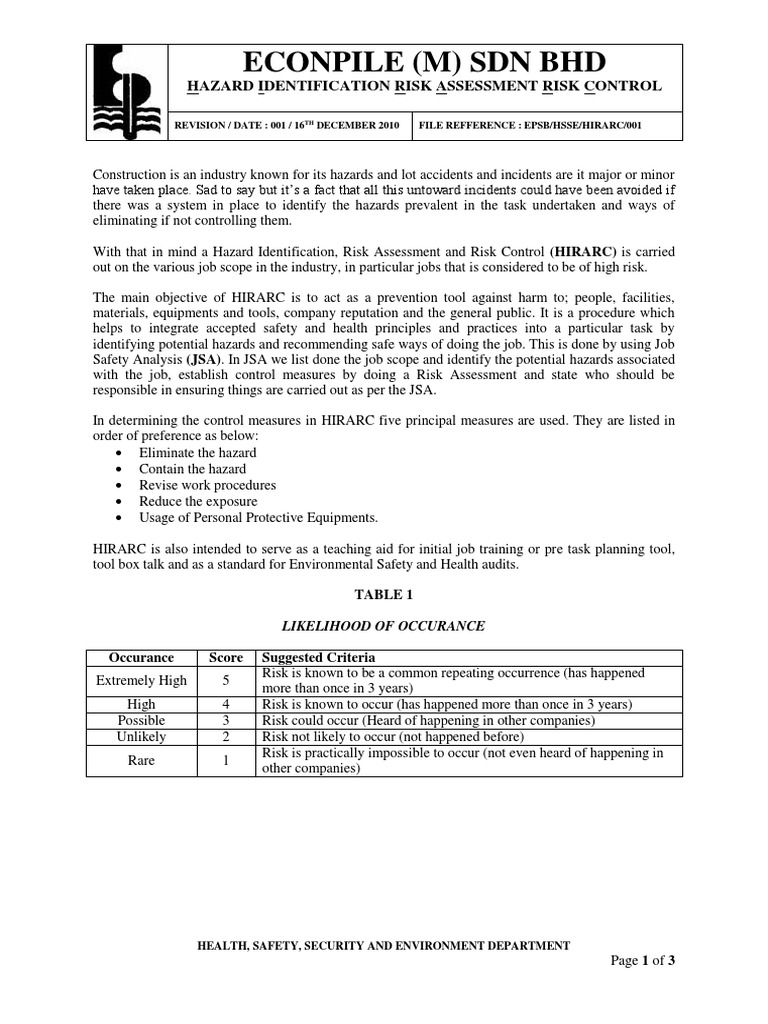 001 EP HIRARC Table | PDF | Risk Assessment | Risk