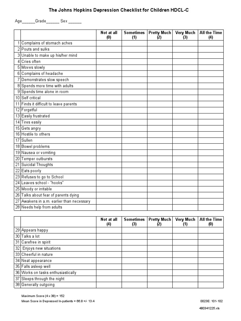 The Johns Hopkins Depression Checklist For Children HDCL-C | PDF