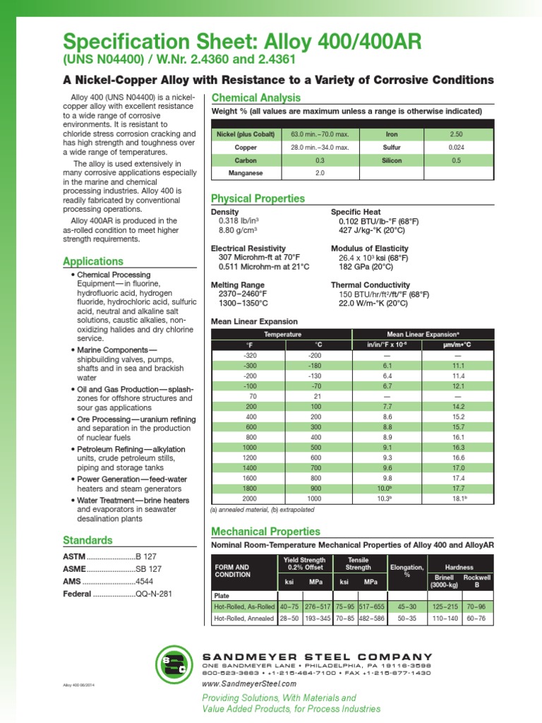 Specification Sheet: Alloy 400/400AR: (UNS N04400) / W.Nr. 2.4360 and 2 ...