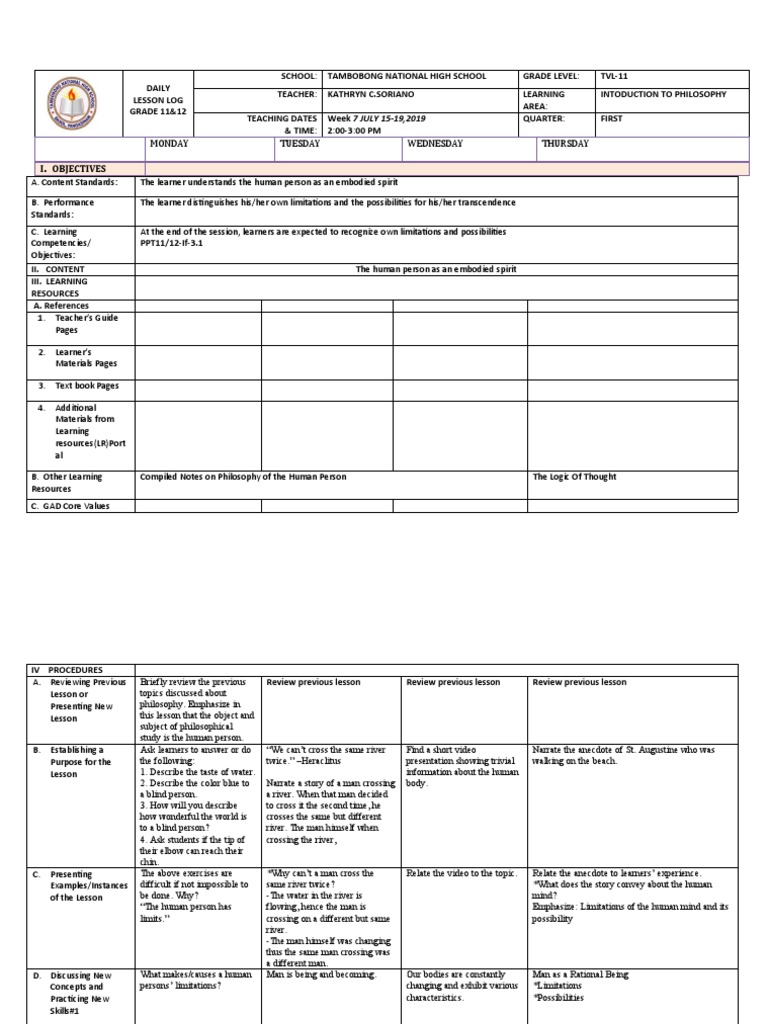 DLL Week 7 Philo | PDF | Concept | Teachers