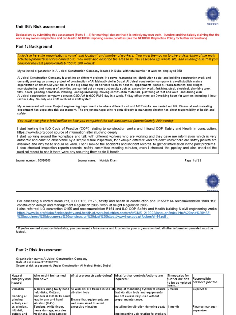Unit IG2: Risk assessment | Occupational Safety And Health | Safety