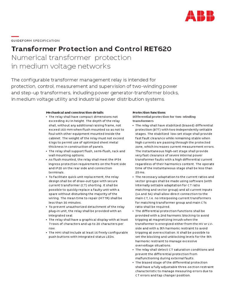 Transformer Protection and Control RET620 | PDF | Transformer | Relay