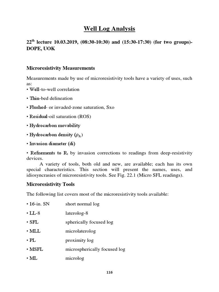 Well Log Analysis: 22 Lecture 10.03.2019, (08:30-10:30) and (15:30-17: ...
