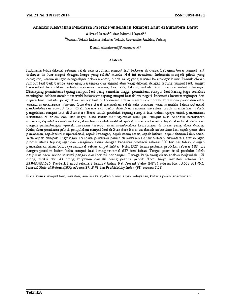 01 Analisis Kelayakan Pendirian Pabrik Pengolahan Rumput Laut Di ...