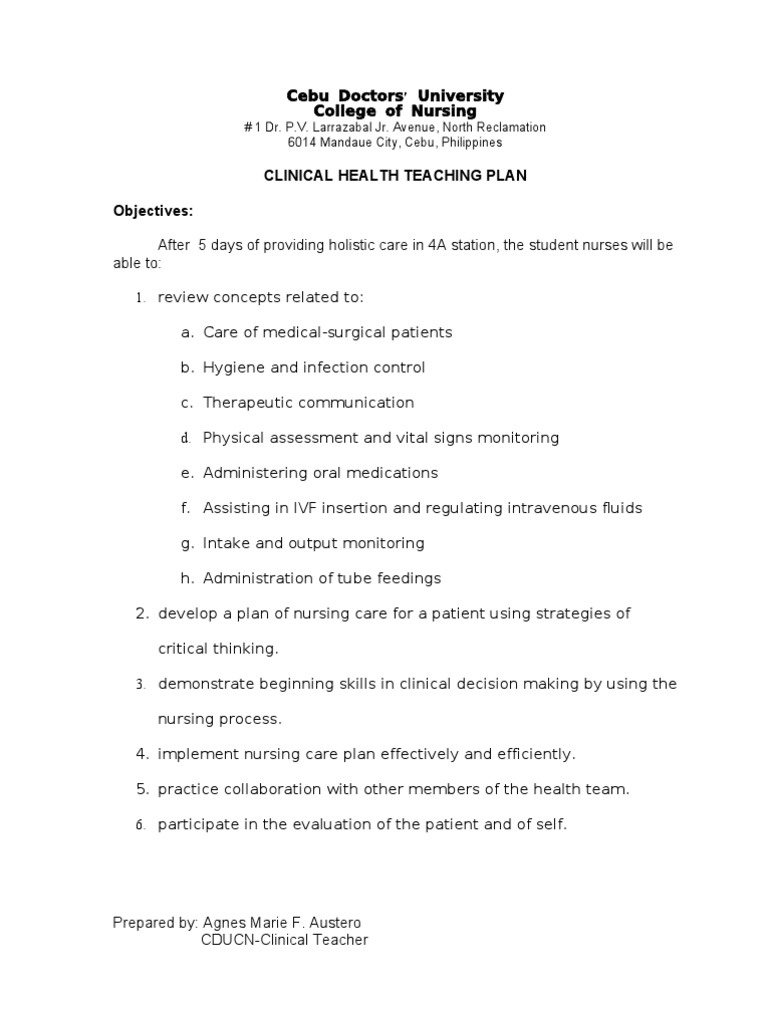 Clinical Health Teaching Plan | PDF | Nursing | Patient
