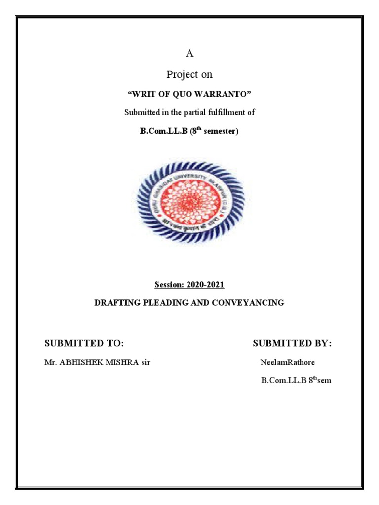 A Project On: "Writ of Quo Warranto" | PDF | Writ | Separation Of Powers