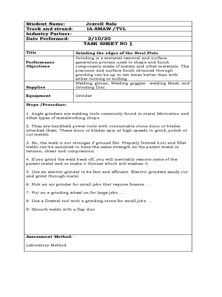 Student Name: Jezrell Nala Track and Strand: IA-SMAW /TVL Industry ...