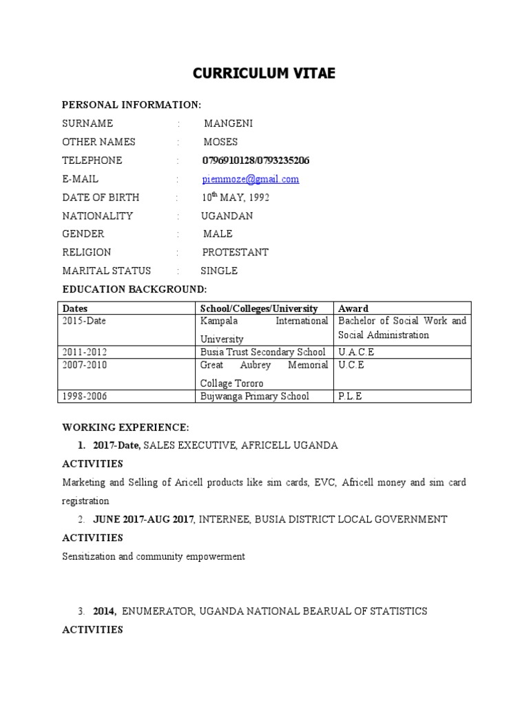 CURRICULUM VITAE Moses | PDF | Uganda | Communication