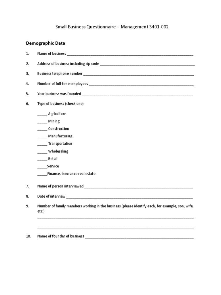 Mang 3401-002 Small Business Questionnaire | PDF | Employment | Social ...