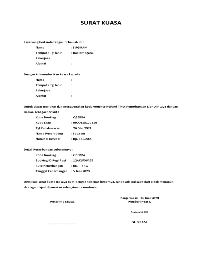 Surat Kuasa Refund Tiket Lion Air | PDF