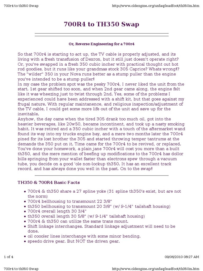 700r4 To th350 Swap | PDF | Gear | Transmission (Mechanics)