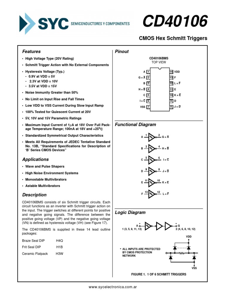 Features Pinout: CMOS Hex Schmitt Triggers | PDF | Electronics ...