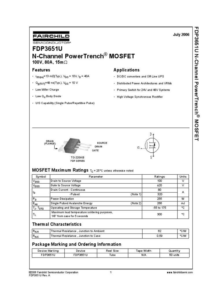 Fdp3651U N-Channel Powertrench Mosfet: 100V, 80A, 15M Features ...