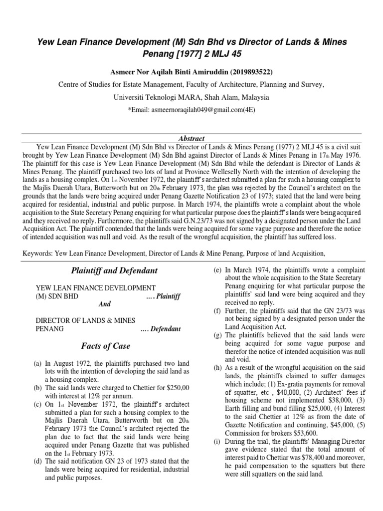 Yew Lean Finance Land Acquisition Case | PDF | Lawsuit | Damages