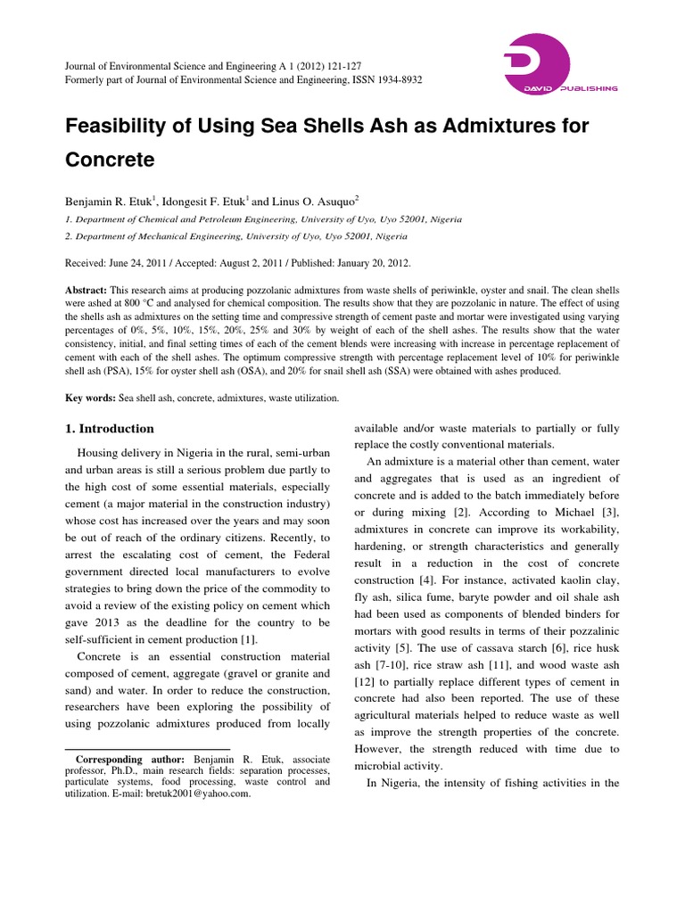 Feasibility of Using Sea Shells Ash As Admixtures For Concrete | PDF ...