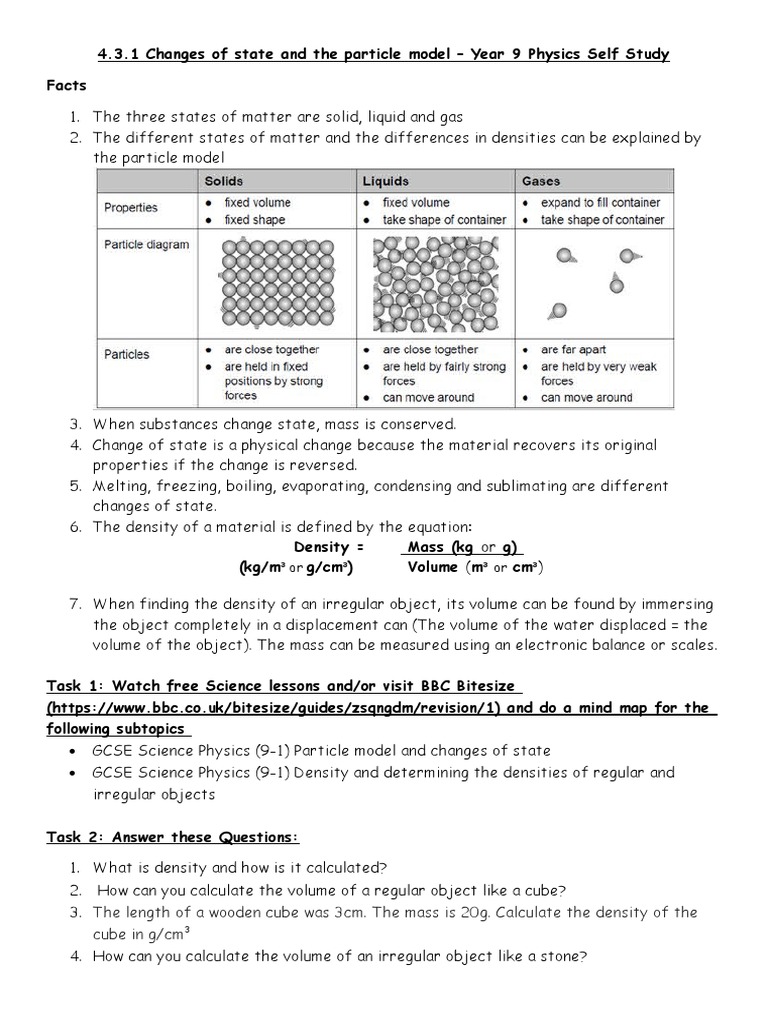p4.3.1 - Year 9 Physics Study Pack States of Matter Work 1 | PDF ...