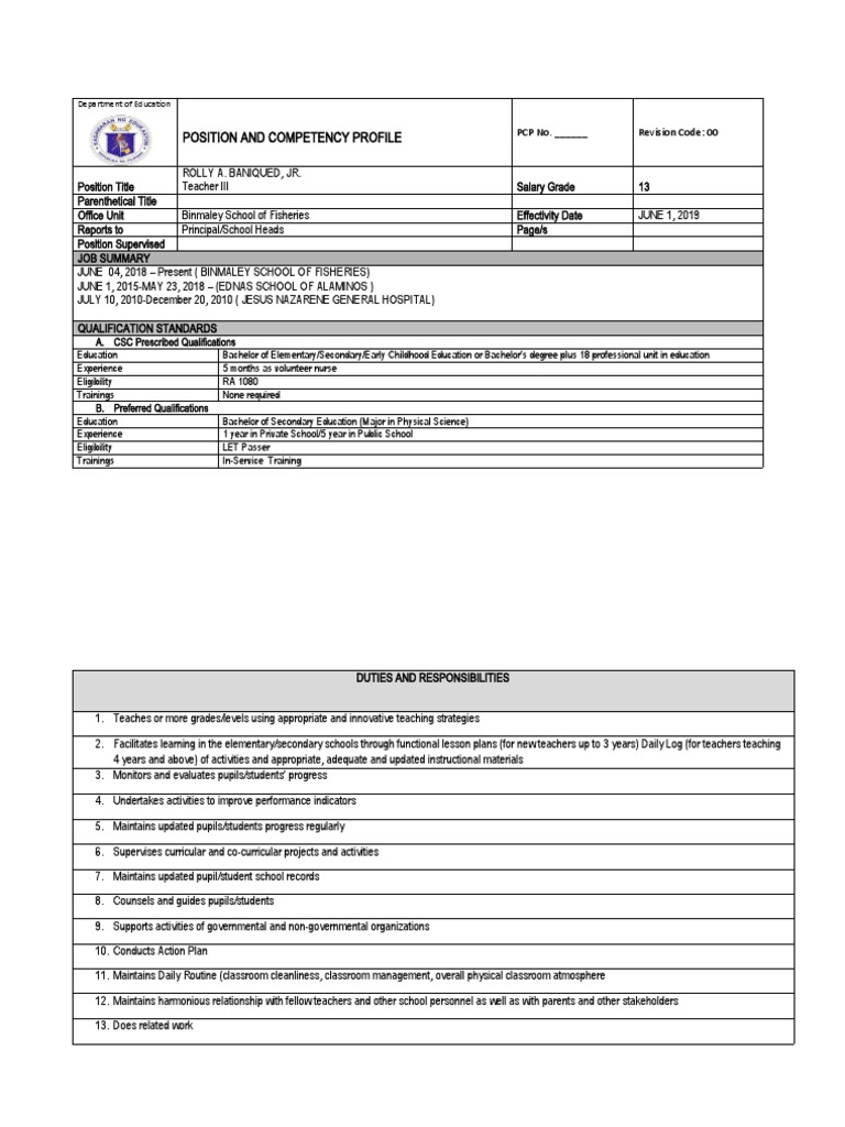 Position and Competency Profile: Department of Education | PDF | Teachers | Behavior Modification