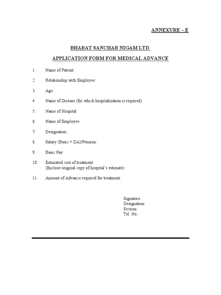 Application for a Medical Advance from Bharat Sanchar Nigam Ltd ...