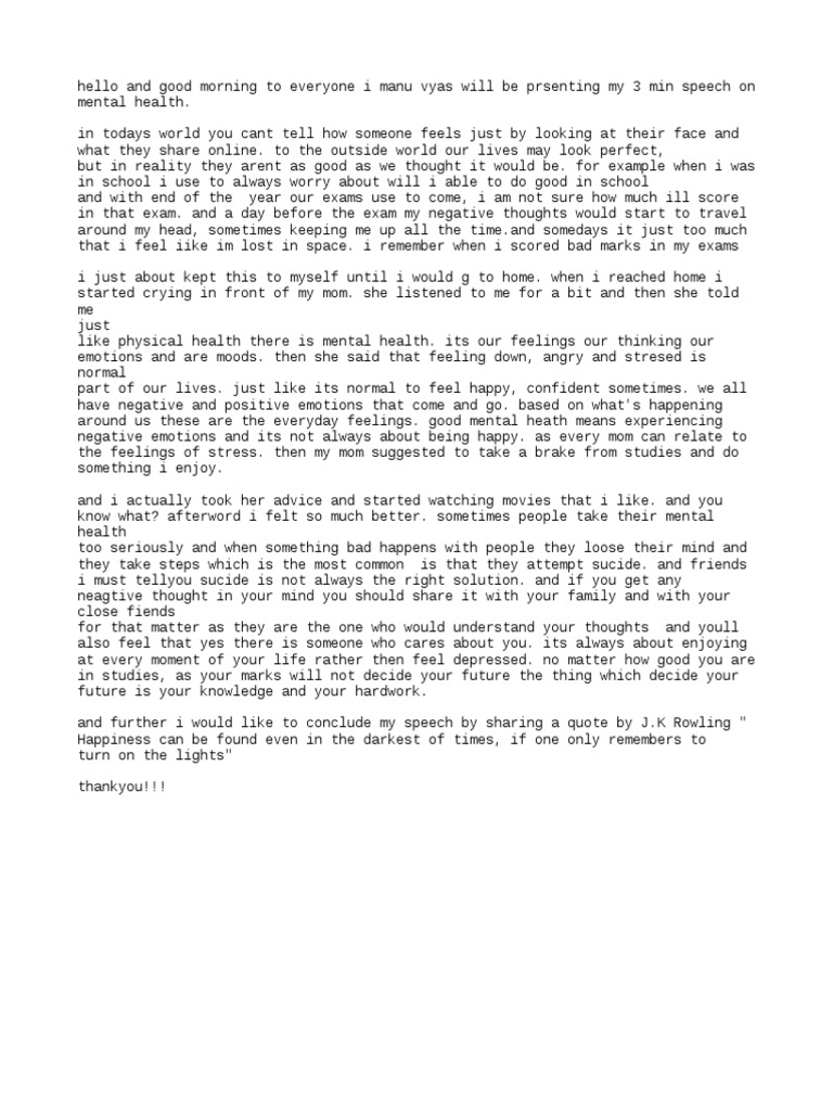 Mental Health 3 Min Speech | PDF | Feeling | Subjective Experience