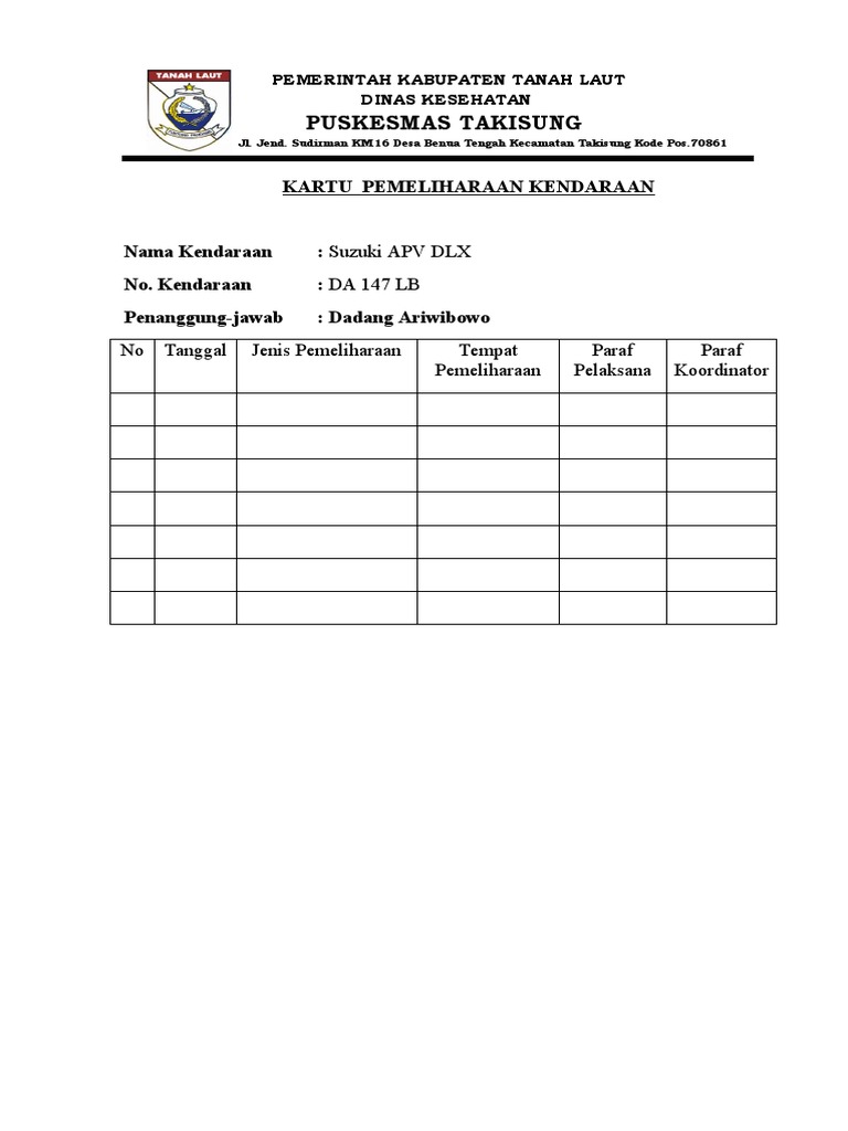 Contoh Kartu Pemeliharaan Kendaraan | PDF