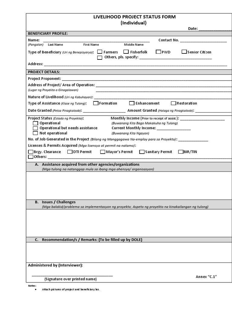 Annex C.1 - Livelihood Project Status Form For Individual Project ...