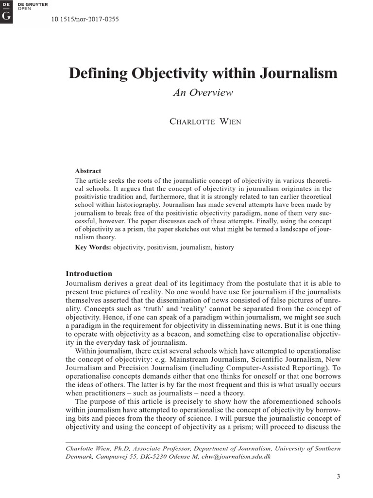 Defining Objectivity Within Journalism An Overview CHARLOTTE WIEN | PDF ...