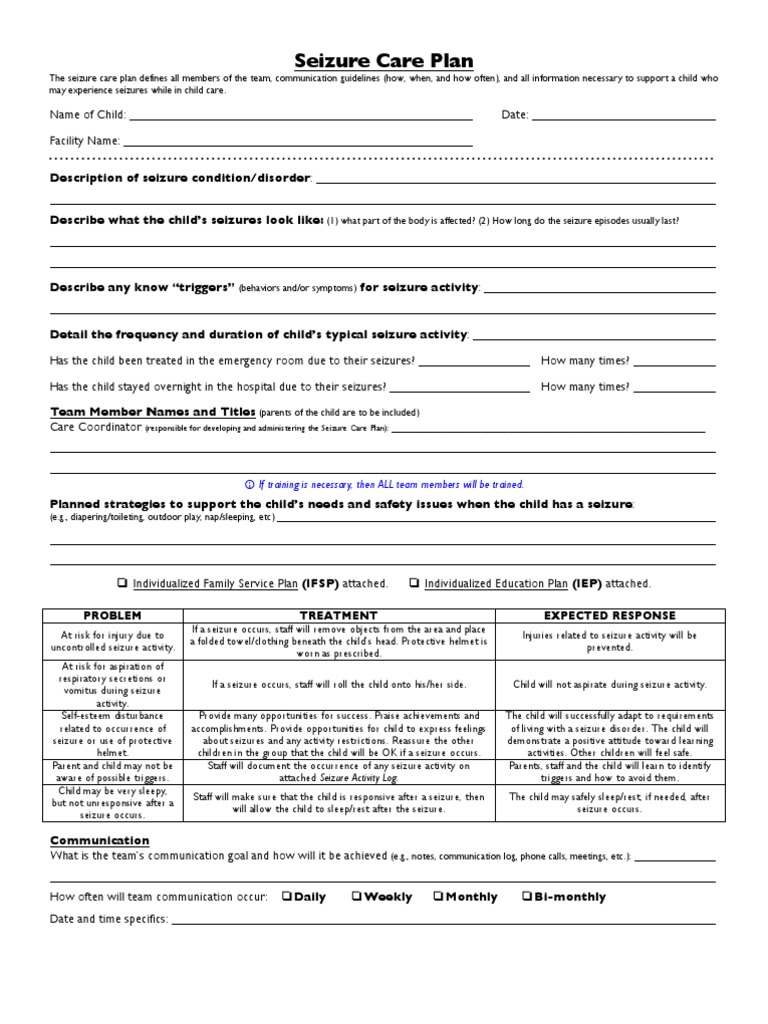 Seizure Care Plan for Child Care | PDF | Individualized Education ...