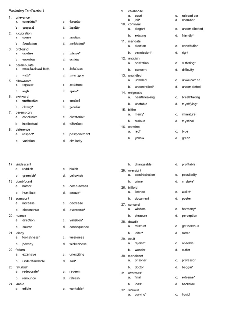 Vocabulary Practice Test 1 Answer Key | PDF | Nature