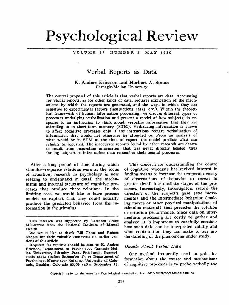 Psychological Review: Verbal Reports As Data | PDF | Memory | Information