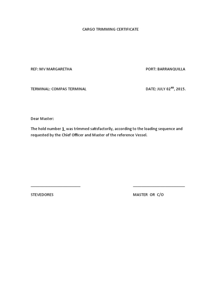 Cargo Trimming Certificate | PDF