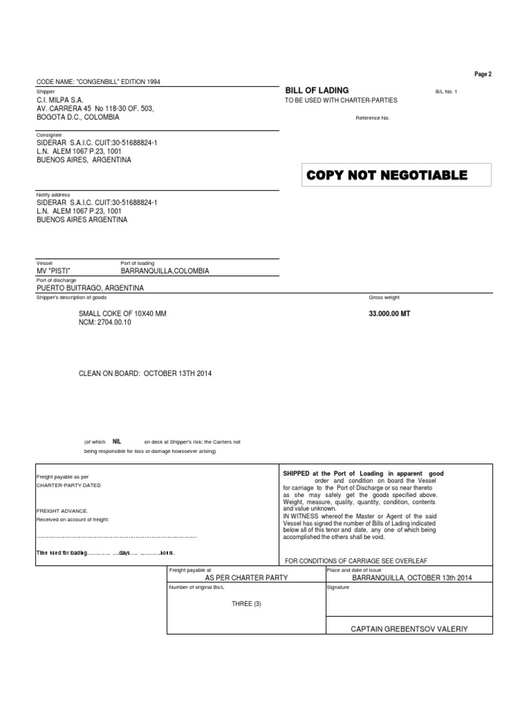 Congenbill 1994 Sample Document | PDF | Trade | Water Transport