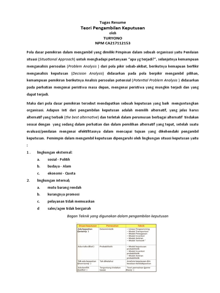 Tugas Resume Teori Pengambilan Keputusan | PDF