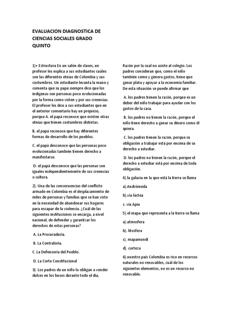 Evaluacion Diagnostica de Ciencias Sociales Grado Quinto | Descargar gratis PDF | Métis | Colombia