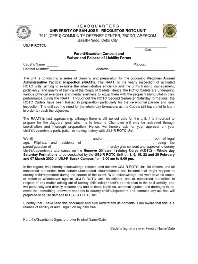 Parent Guardian Consent and Waiver and Release of Liability Form For ...