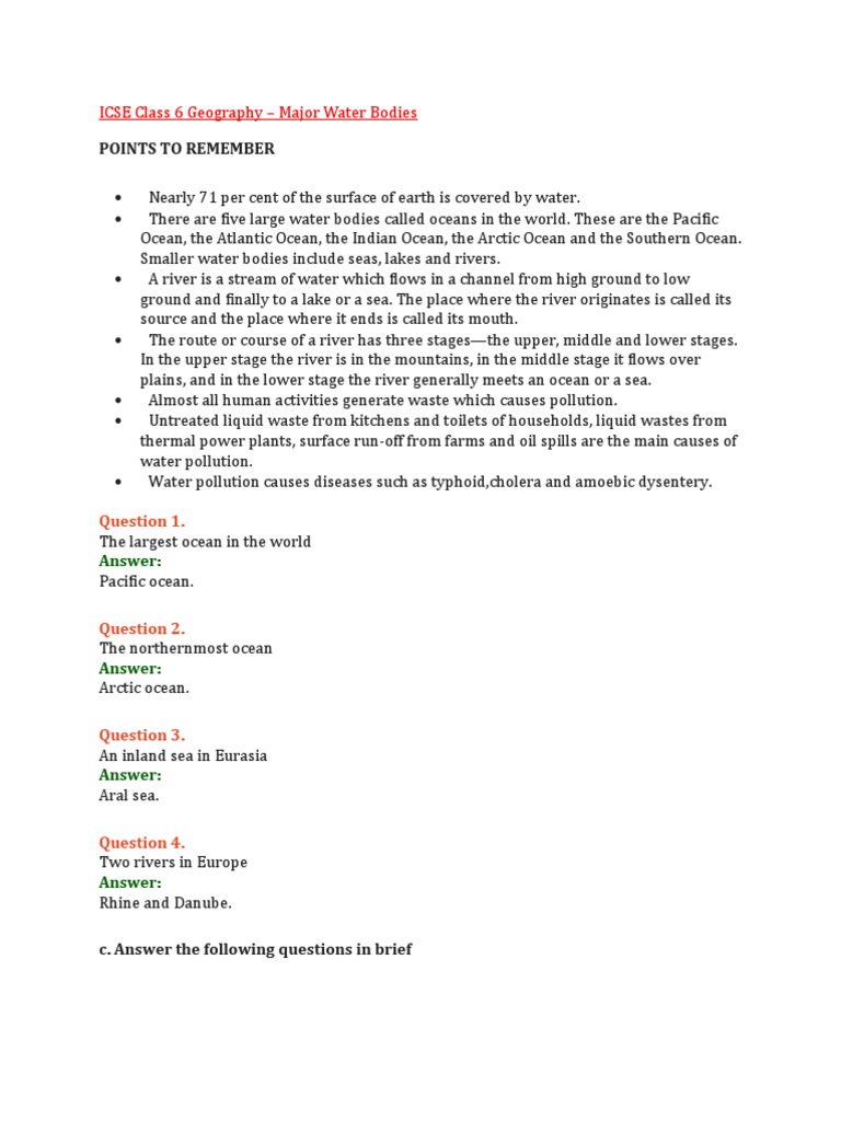 Major Water Bodies for Class 6 ICSE | PDF | River | Sea