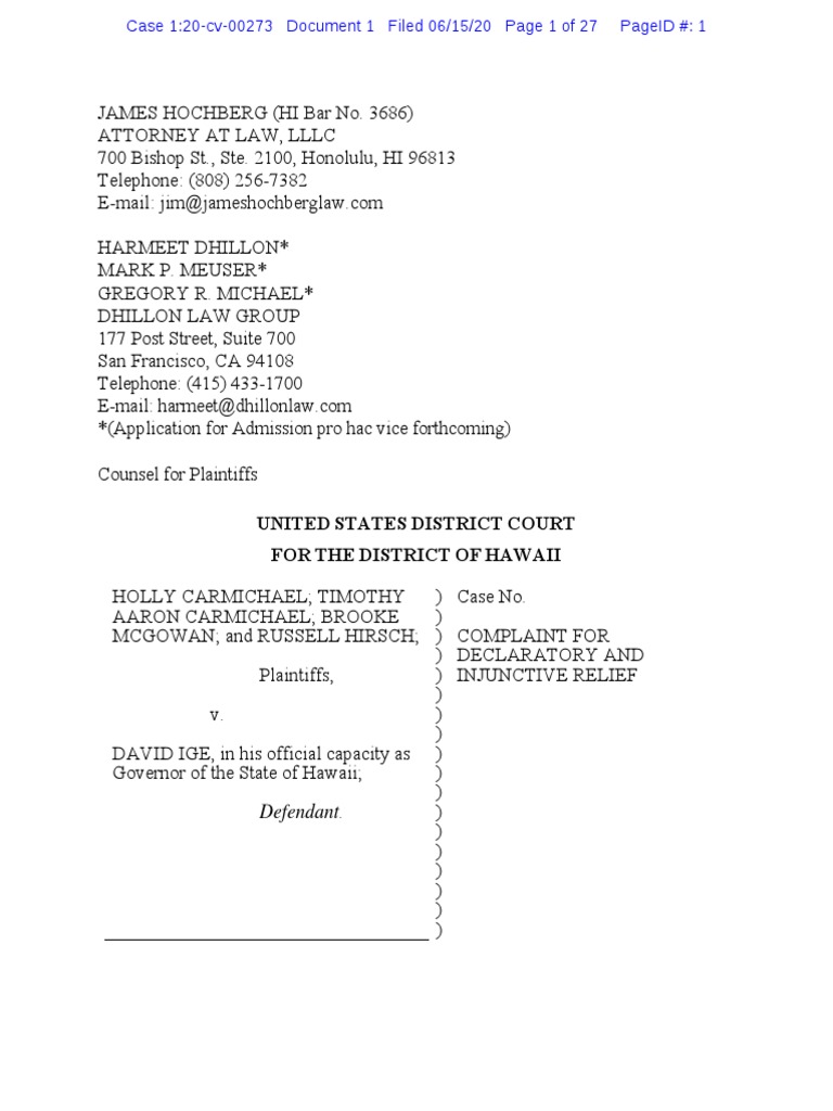 Complaint For Declaratory and Injunctive Relief, Carmichael v. Ige, No. 1:20-cv-00273 (D. Haw ...