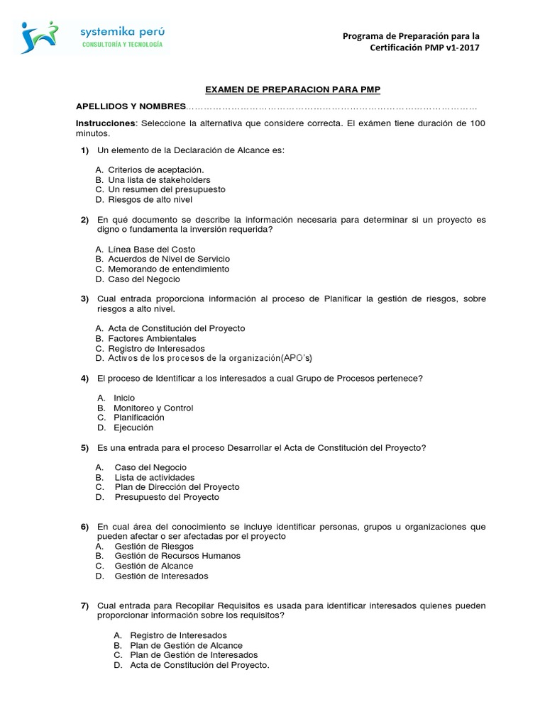 Examen de Preparación para Certificación PMP | PDF | Presupuesto ...