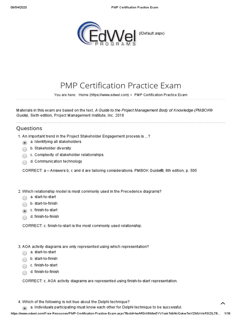 PMP Certification Practice Exam1 | PDF | Project Management Professional | Accuracy And Precision